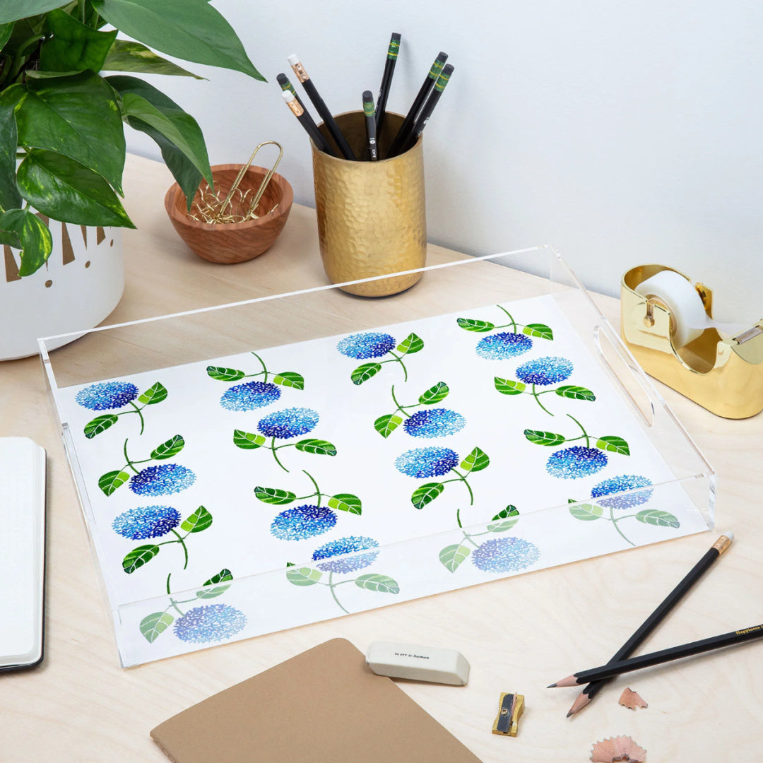 Blue Hydrangea Acrylic Tray by Laura Trevey 15x12 Floral Serving Tray